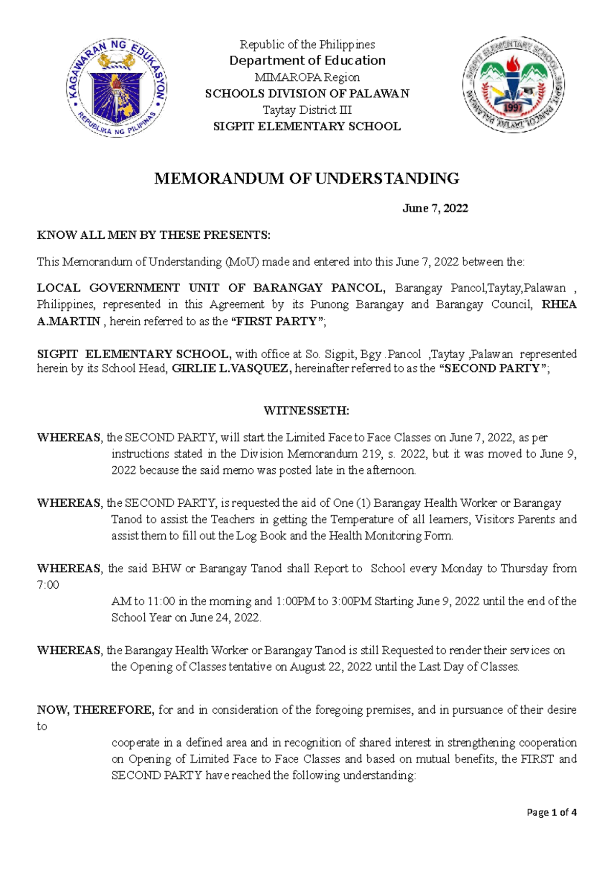Memorandum of Understanding Calapa ES - Republic of the Philippines ...