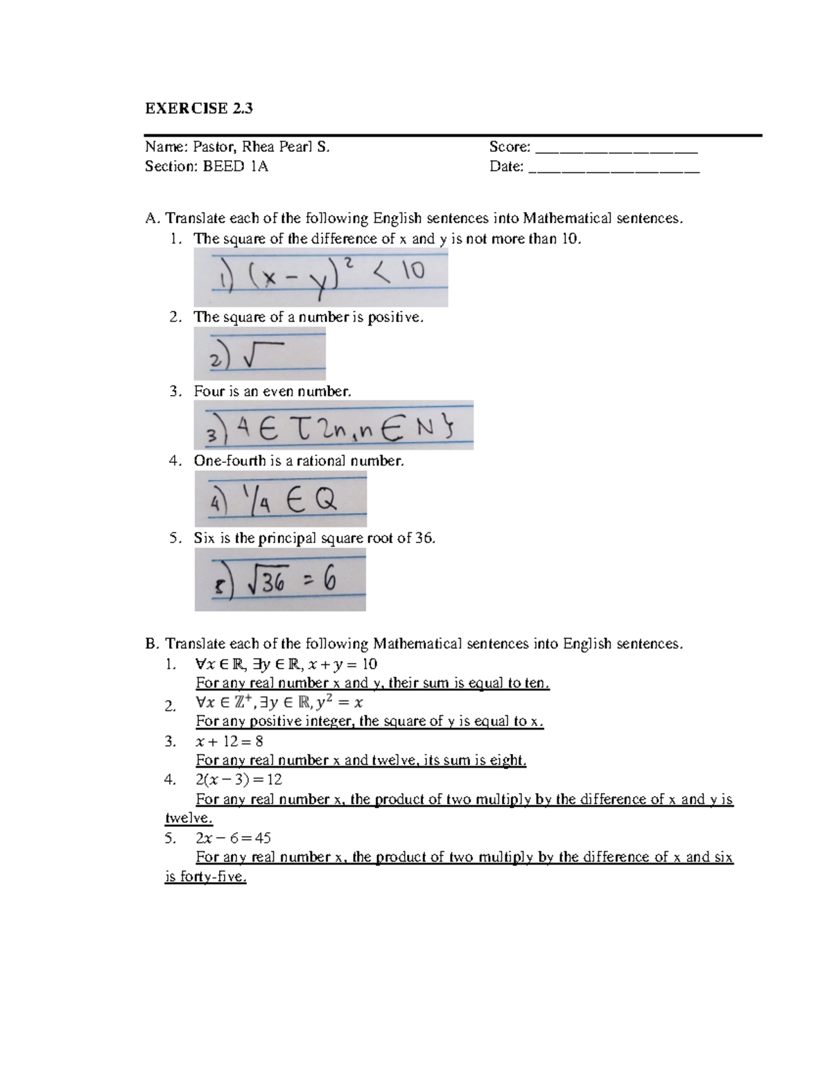 Pastor, RHEA Pearl Exercise 2 - EXERCISE 2. Name: Pastor, Rhea Pearl S ...