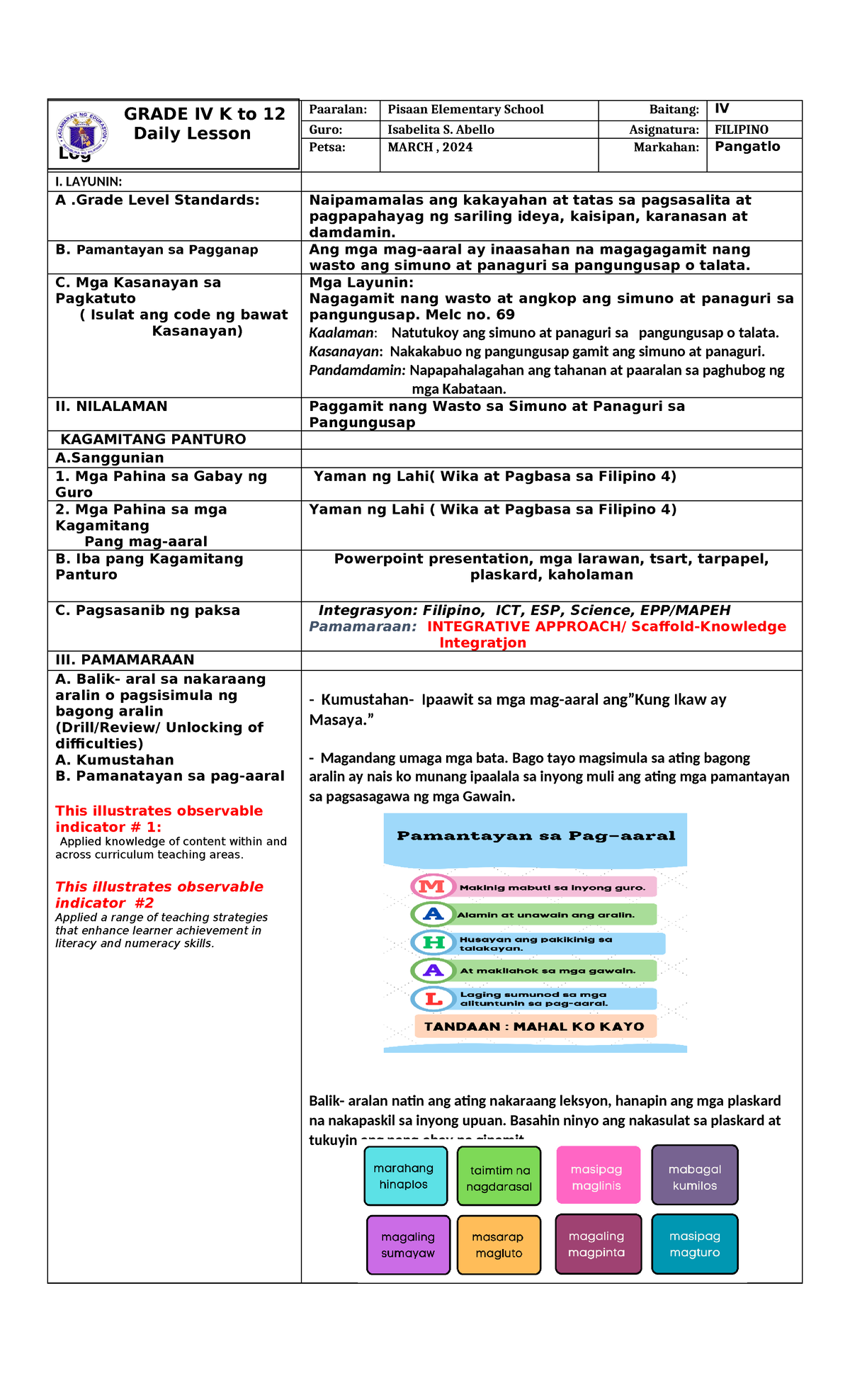 3rd COT IN Filipino 4 - gcfg - GRADE IV K to 12 Daily Lesson Log ...