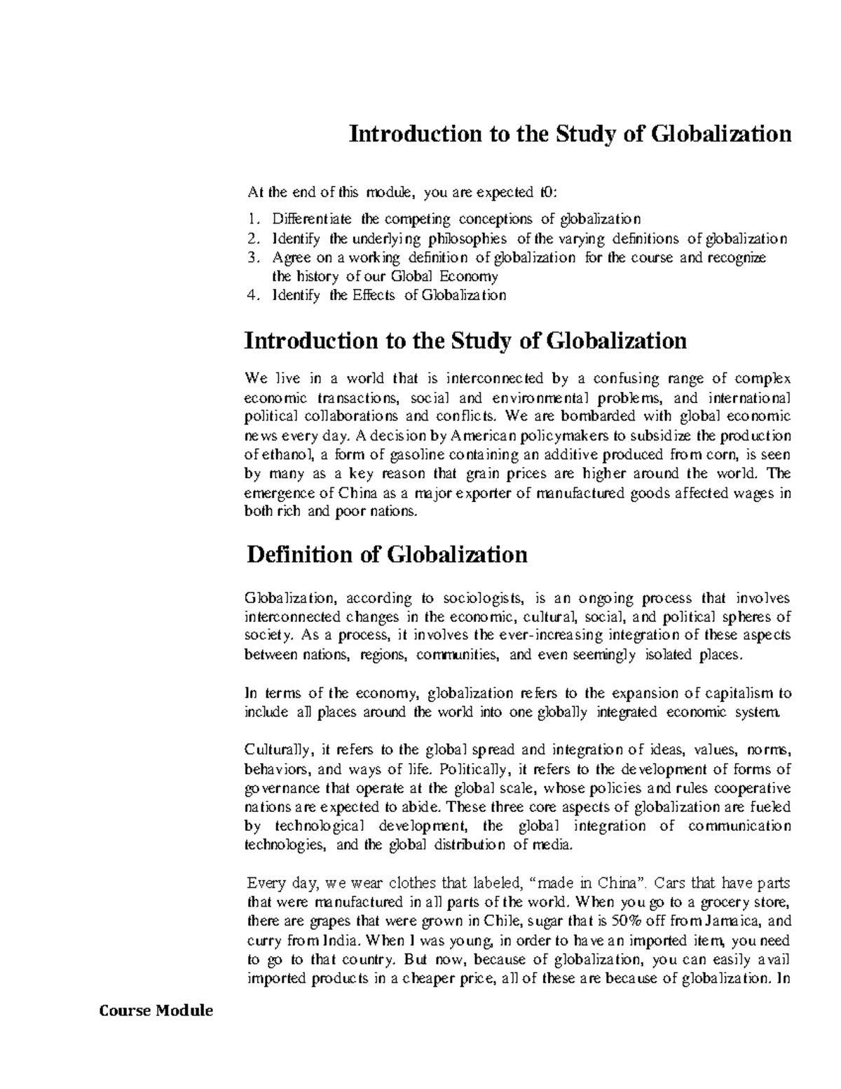 W2 Introduction to the Study of Globalization - Module - Course Module Introduction to the Study ...