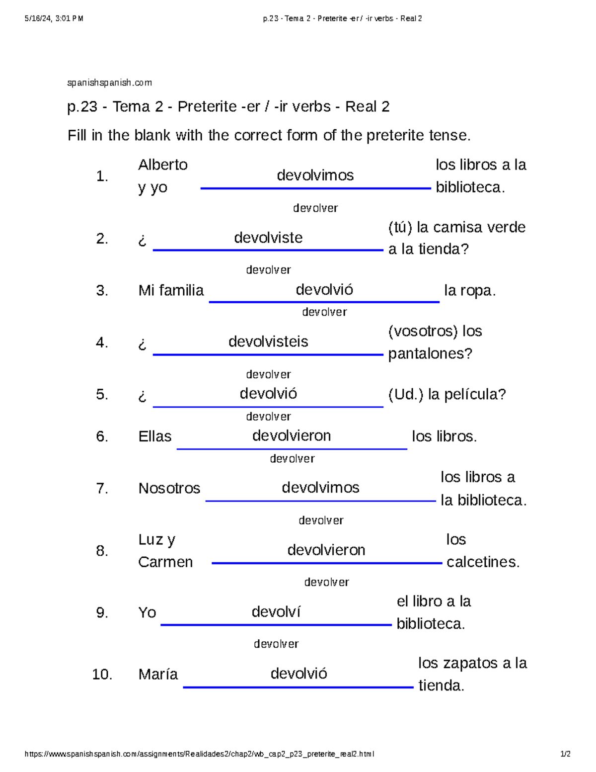 p.23 - Tema 2 - Preterite -er _ -ir verbs - Real 2.pdf Fill in the ...