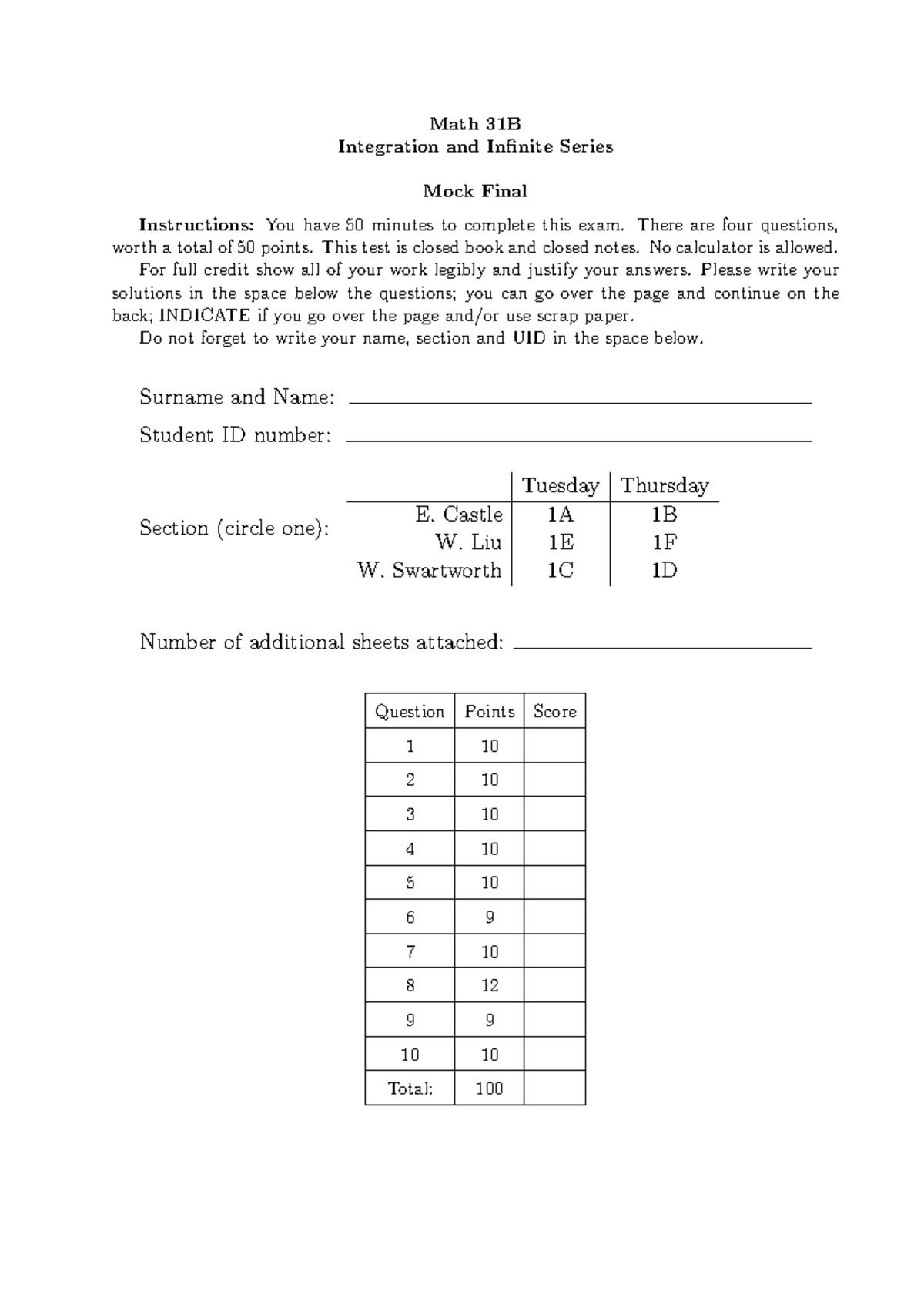 Mock Final Solutions - Math 31B Integration and Infinite Series Mock ...