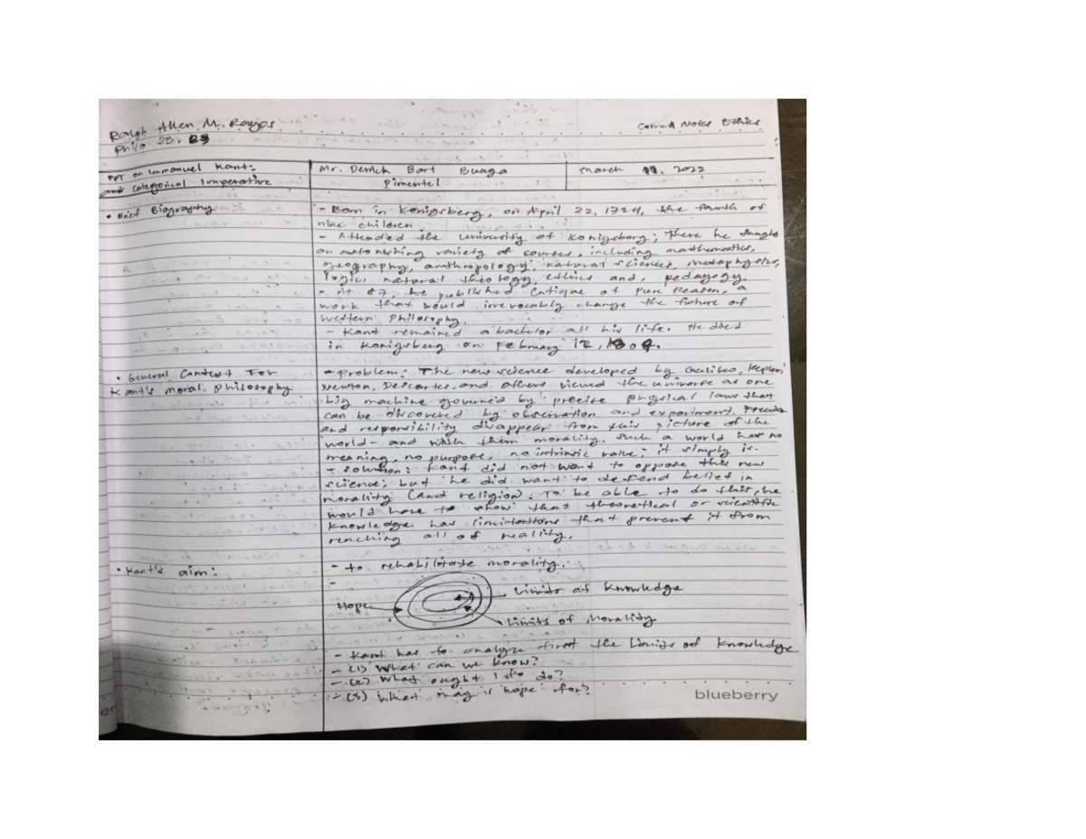 Philo 23B3 Cornell Noteson Kant Rayos - Philosophy - Studocu