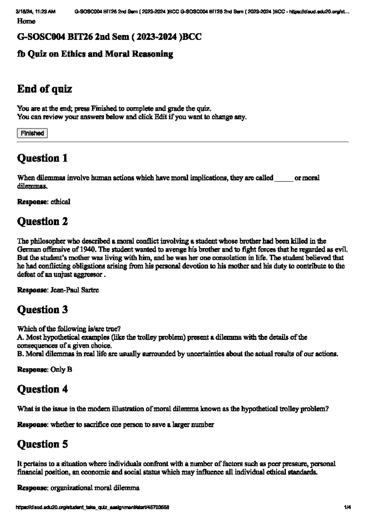 Quiz Moral 1 - reviewer - Professional Ethics - Studocu