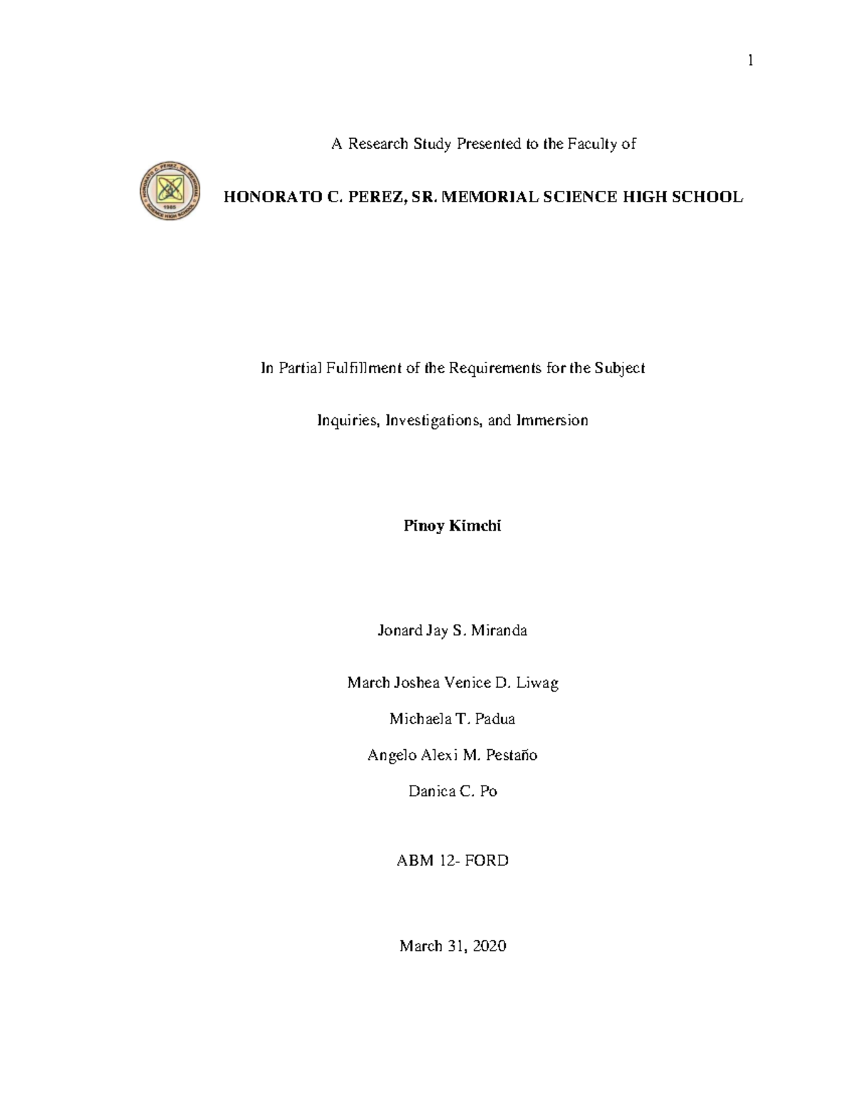 Pinoy Kimchi Thesis - 1 A Research Study Presented to the Faculty of ...