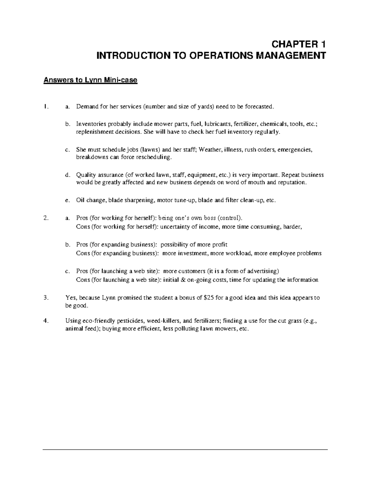 Solution Practice Mini-Case Lynn of Chapter 1 - CHAPTER 1 INTRODUCTION TO OPERATIONS MANAGEMENT ...