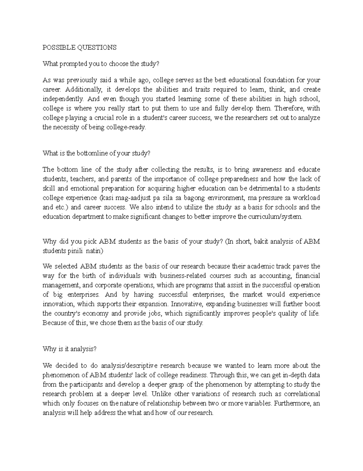 Possible Questions G3 Thesis Writing 12 - POSSIBLE QUESTIONS What ...