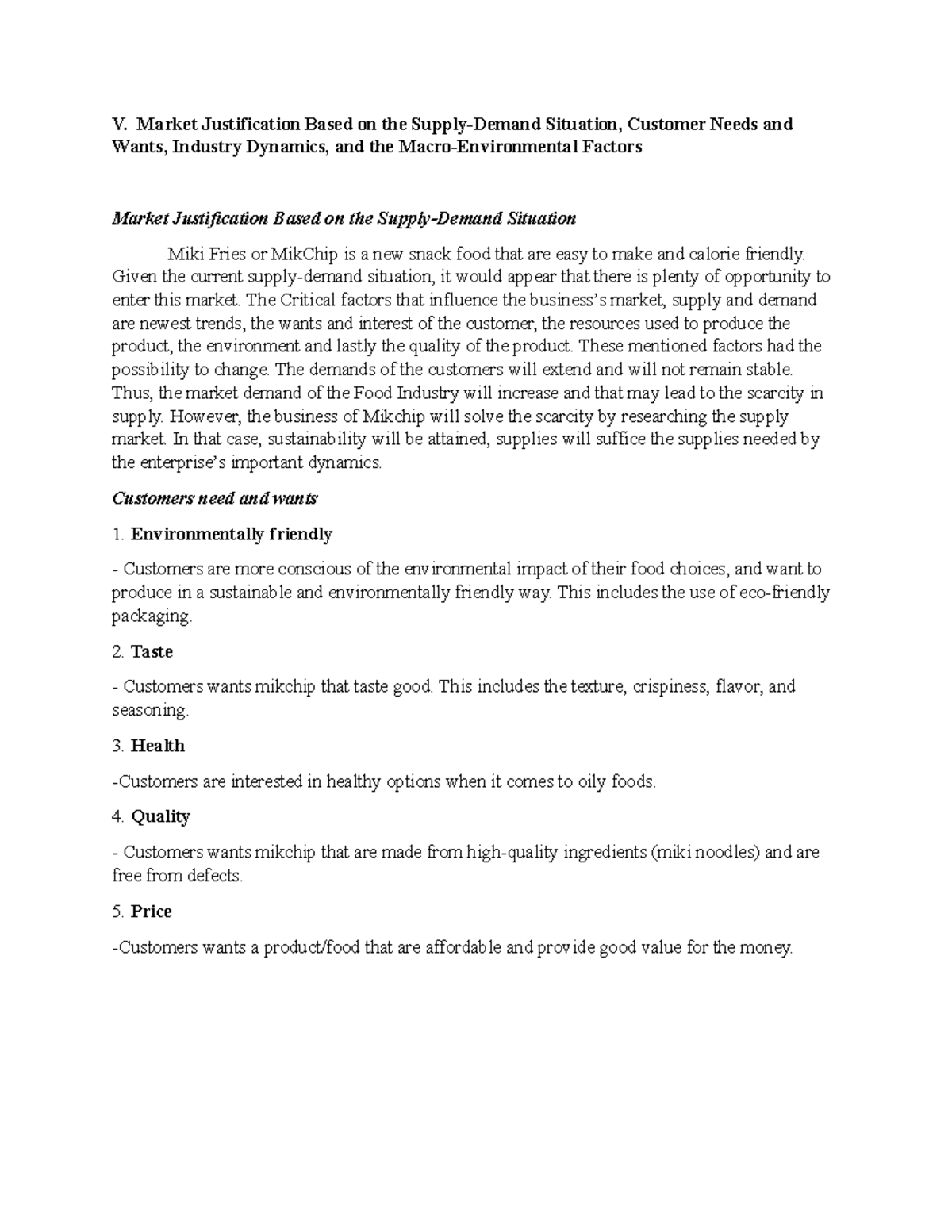 Entrepreneurial business proposal V - V. Market Justification Based on ...