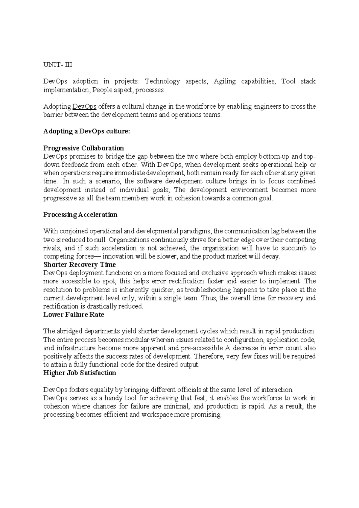 Devops Unit 3 Unit Iii Devops Adoption In Projects Technology Aspects Agiling Capabilities