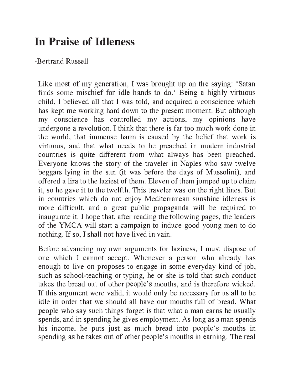 In Praise of Idleness - In Praise of Idleness -Bertrand Russell Like ...