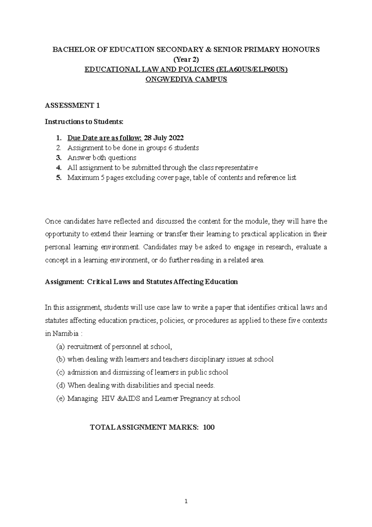 Assessment 1 Educational LAW 2022 - BACHELOR OF EDUCATION SECONDARY ...
