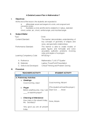 DLP 7 Q4 Week 1 - A Detailed Lesson Plan in Mathematics 7 I. Objectives At the end of the lesson ...
