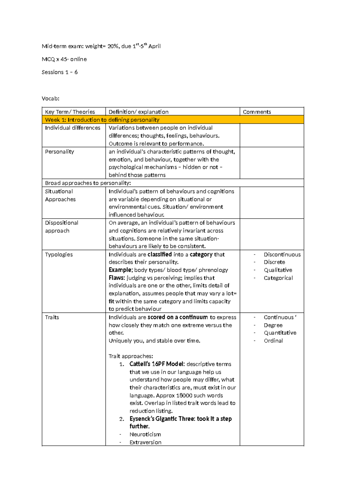 Mid-term study notes - Mid-term exam: weight= 20%, due 1st-5th April ...