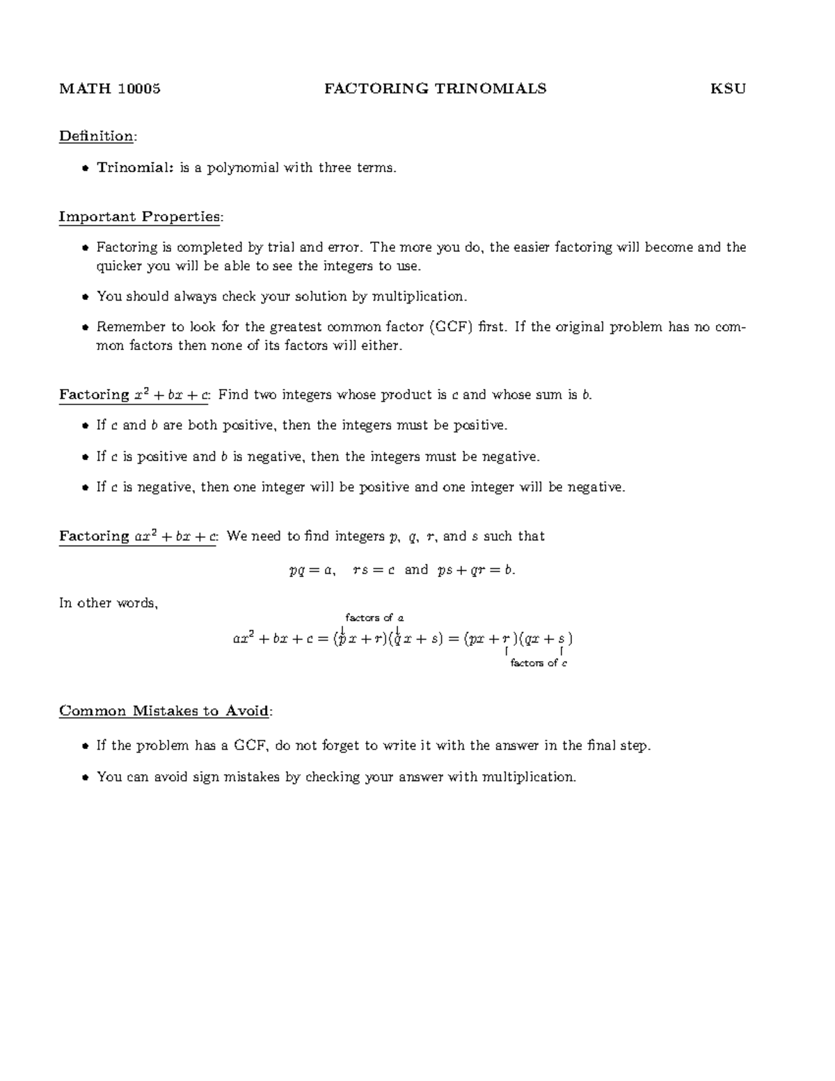 Factoring Trinomials - MATH 10005 FACTORING TRINOMIALS KSU Definition ...