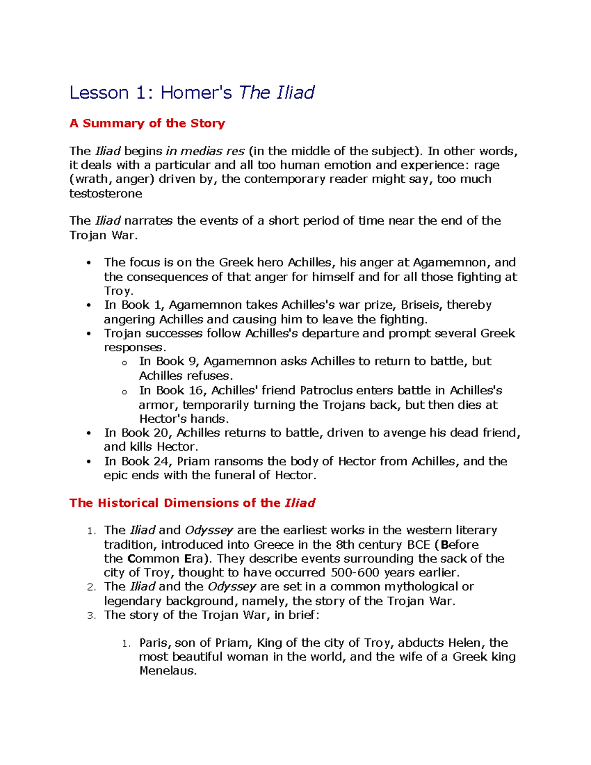 Lesson seven - Lecture notes 7 - Lesson 1: Homer's The Iliad A Summary ...