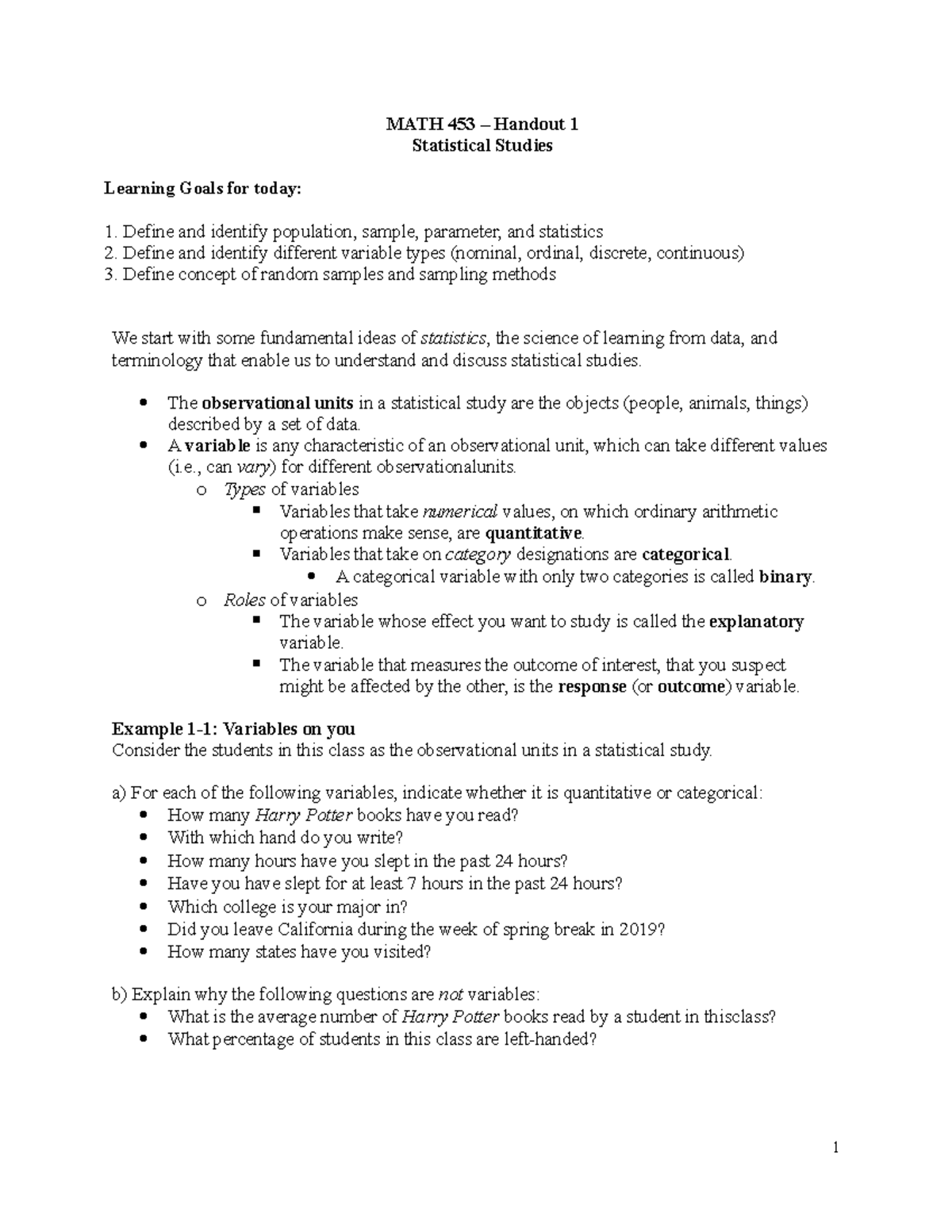 Handout 1 - 1 MATH 453 – Handout 1 Statistical Studies Learning Goals ...
