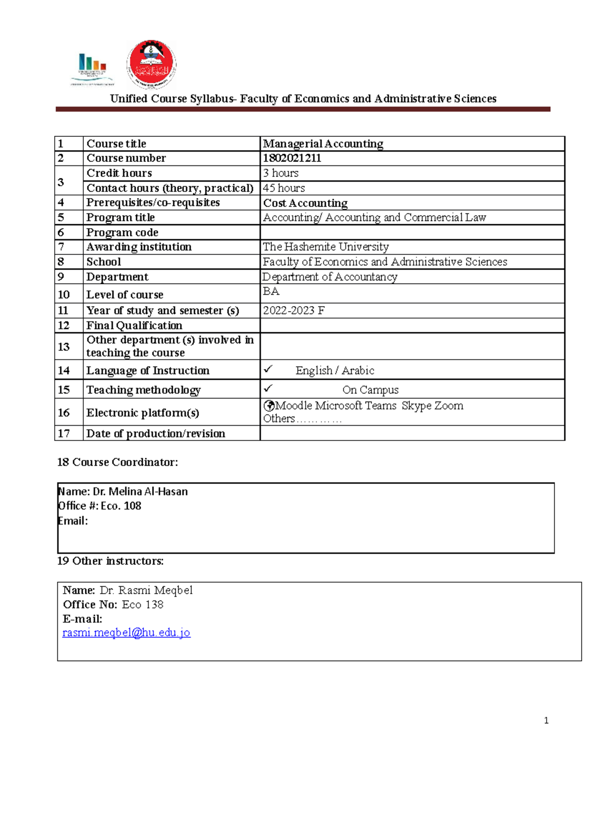 Aacsb-Managerial Accounting-Syllabus - Name: Dr. Melina Al-Hasan Office ...