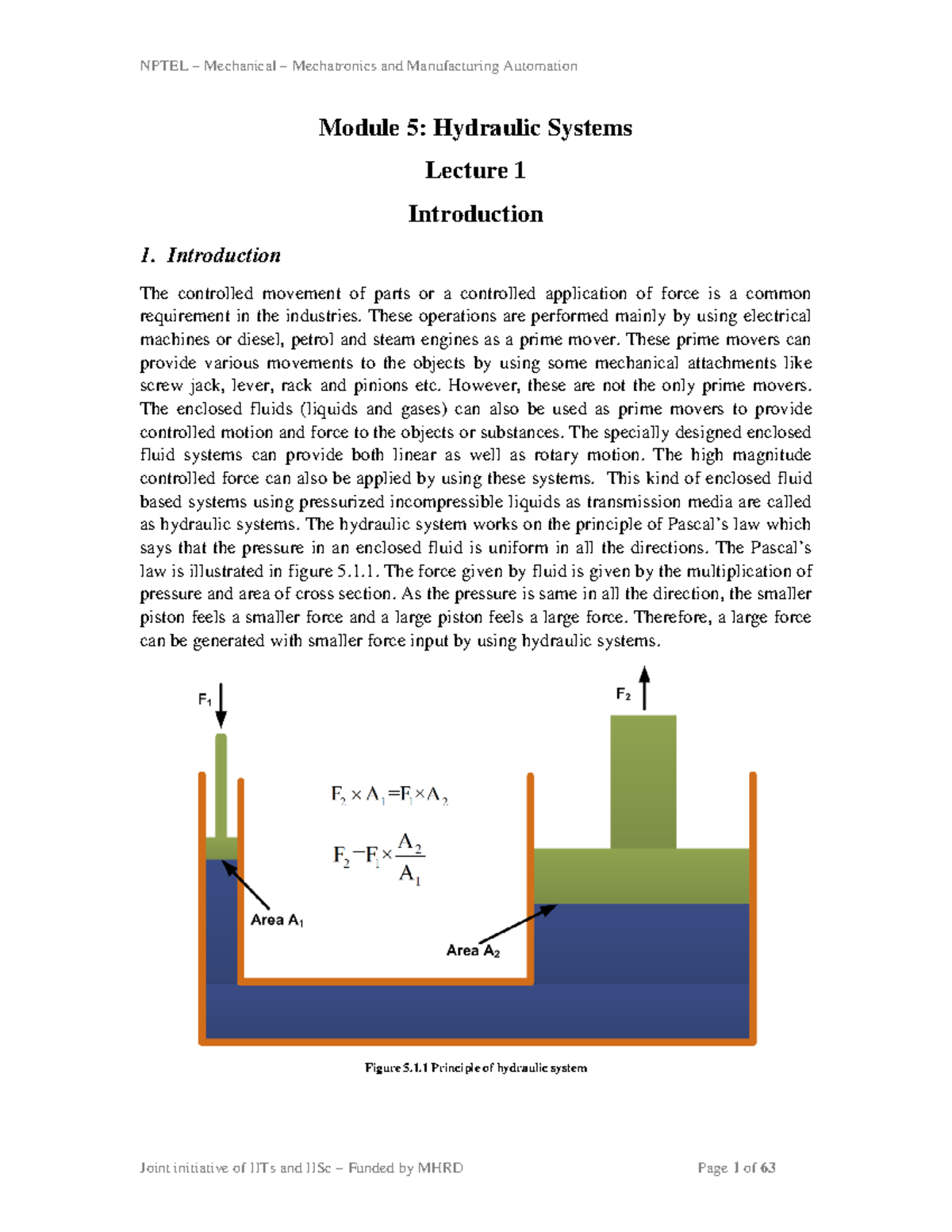 Hydraulic Systems - Module 5: Hydraulic Systems Lecture 1 Introduction ...