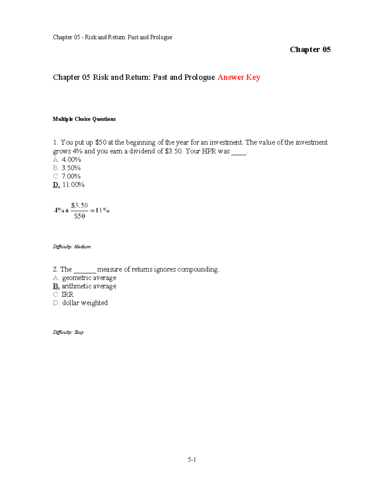 Chapter 05 Risk And Return Past And Prologue Chapter 05 Chapter 05
