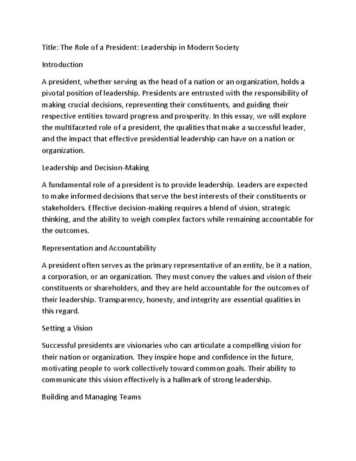 The Role of a President Leadership in Modern Society - Title: The Role ...