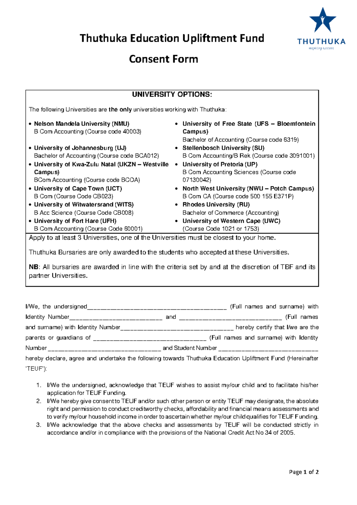 Consent Form Saica Bursary - Thuthuka Education Upliftment Fund Consent ...