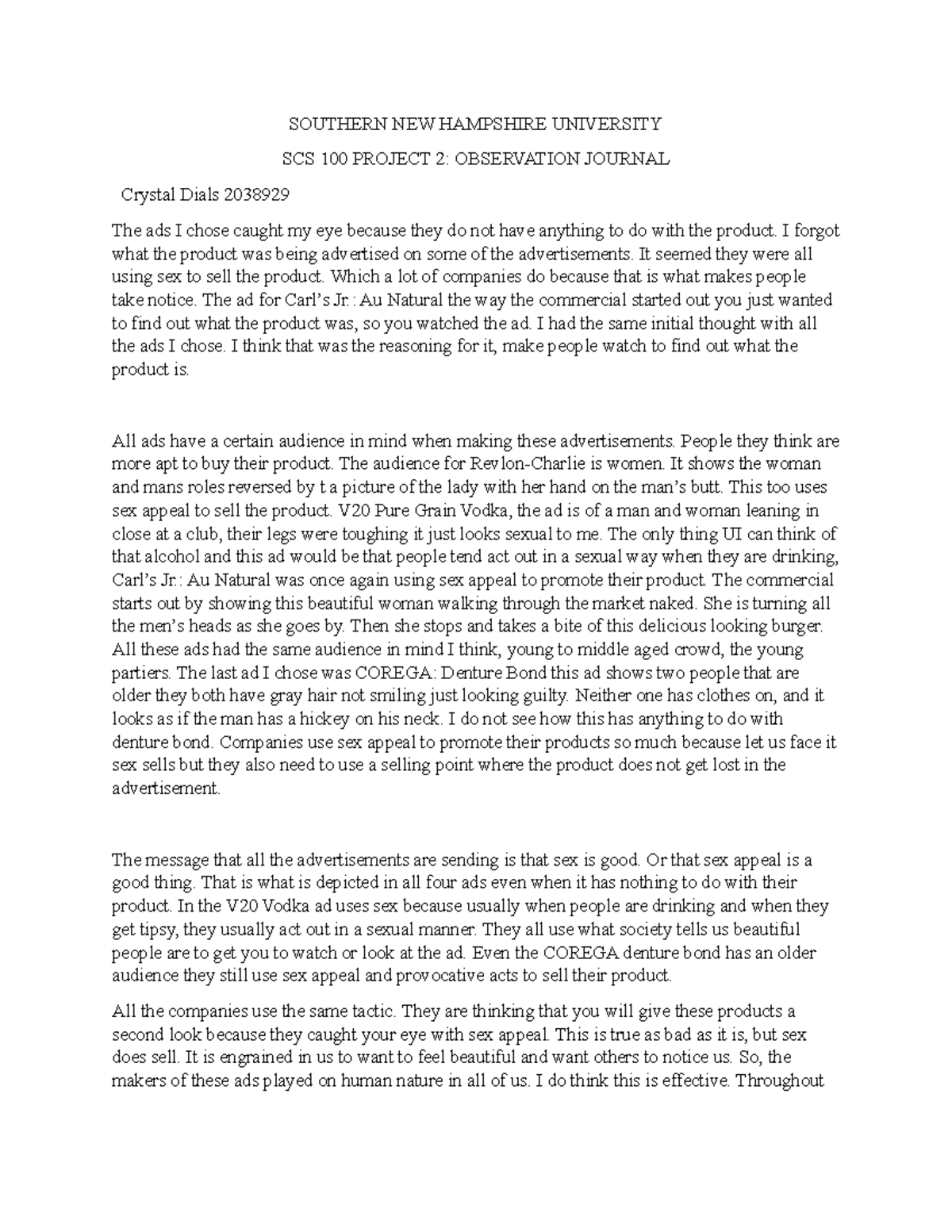 Final Draft Project 2 - SOUTHERN NEW HAMPSHIRE UNIVERSITY SCS 100 ...