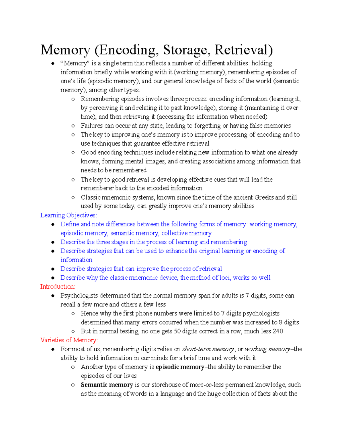 Memory Encoding Storage Retrieval Textbook Notes Memory Encoding Storage Retrieval 