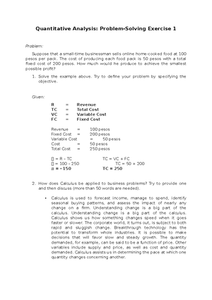 Quantitative Analysis - Problem-Solving Exercise 3 - Thus, there is no ...
