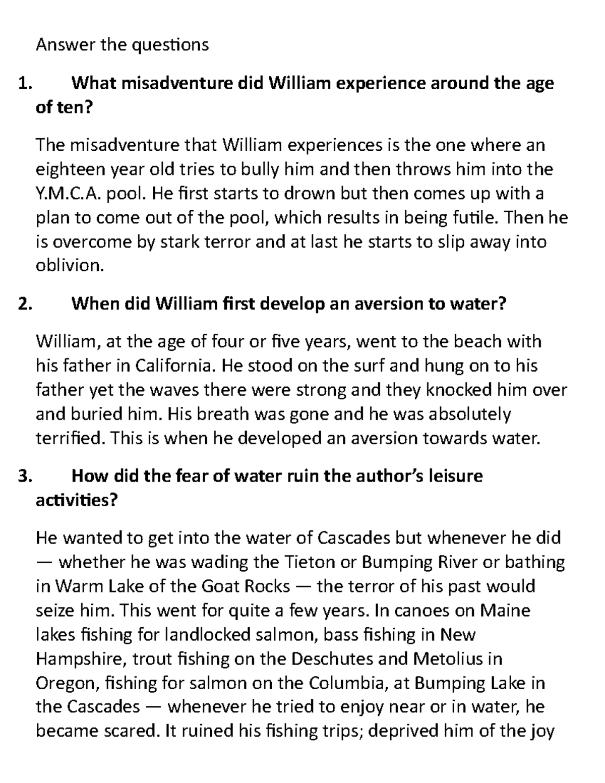 Deep Water - Answer the questions What misadventure did William ...
