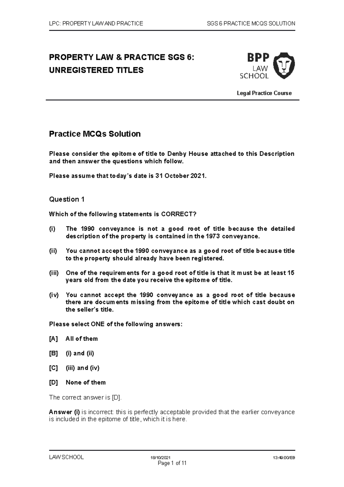 SGS 6 Practice MCQs solution - PROPERTY LAW & PRACTICE SGS 6 ...