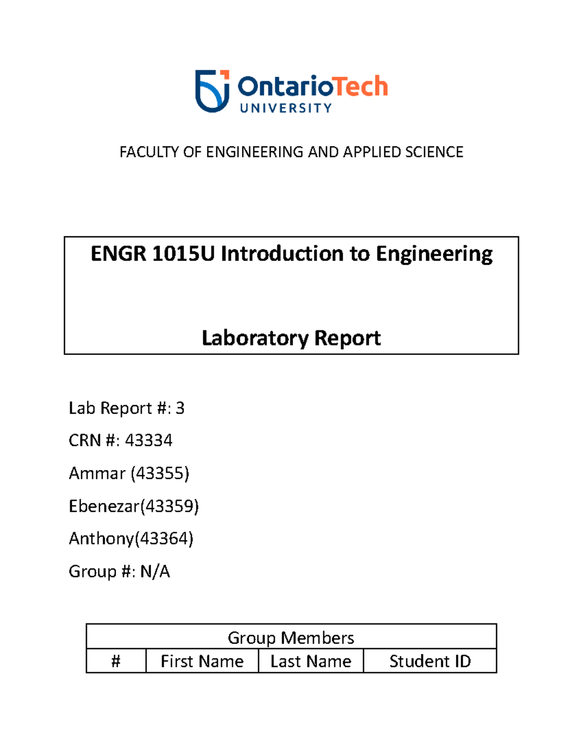 LRT - template - FACULTY OF ENGINEERING AND APPLIED SCIENCE ENGR 1015U Introduction to ...
