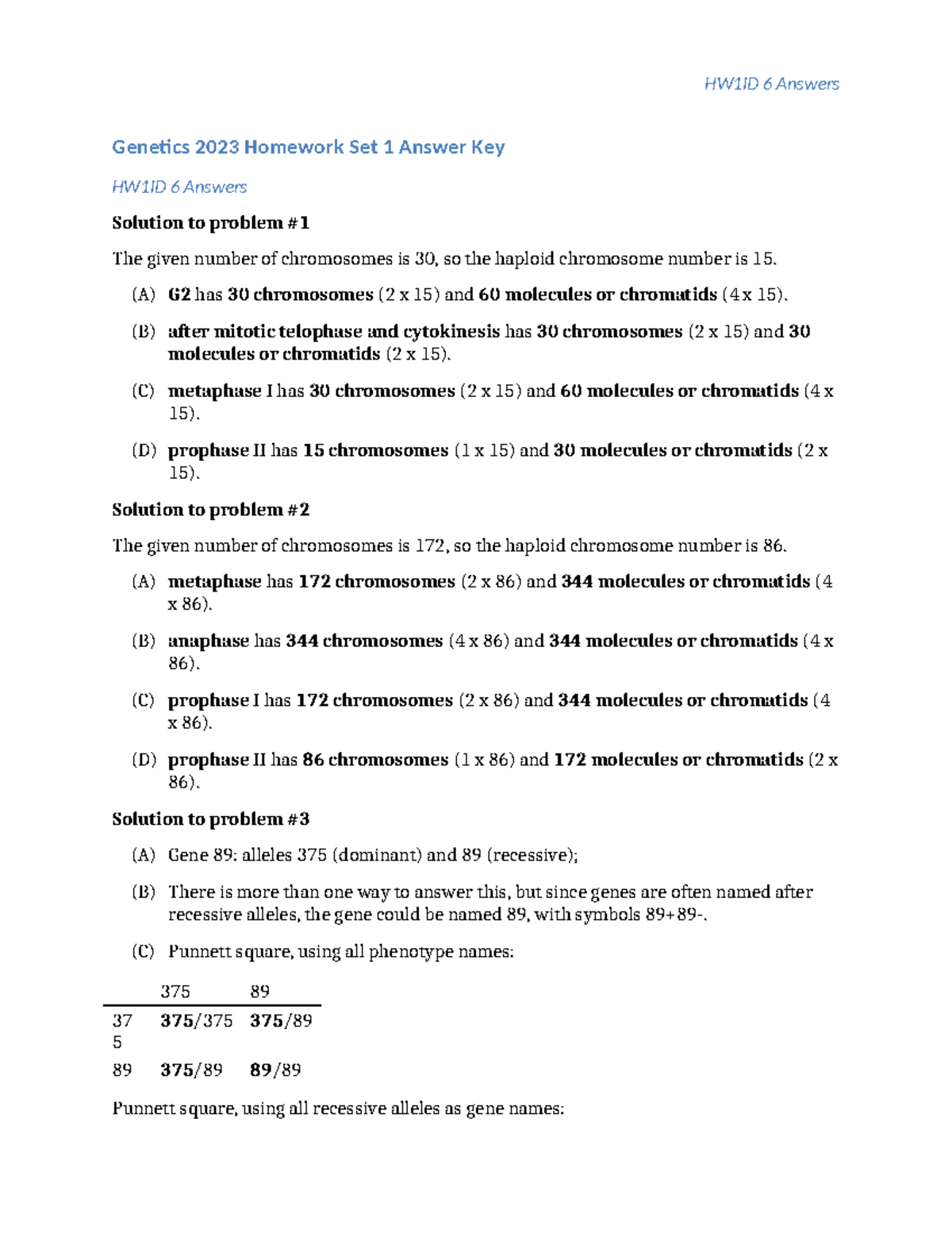 2023gen HW 1 ex6 key - Genetics homework 1 answers - Genetics 2023 Homework Set 1 Answer Key ...