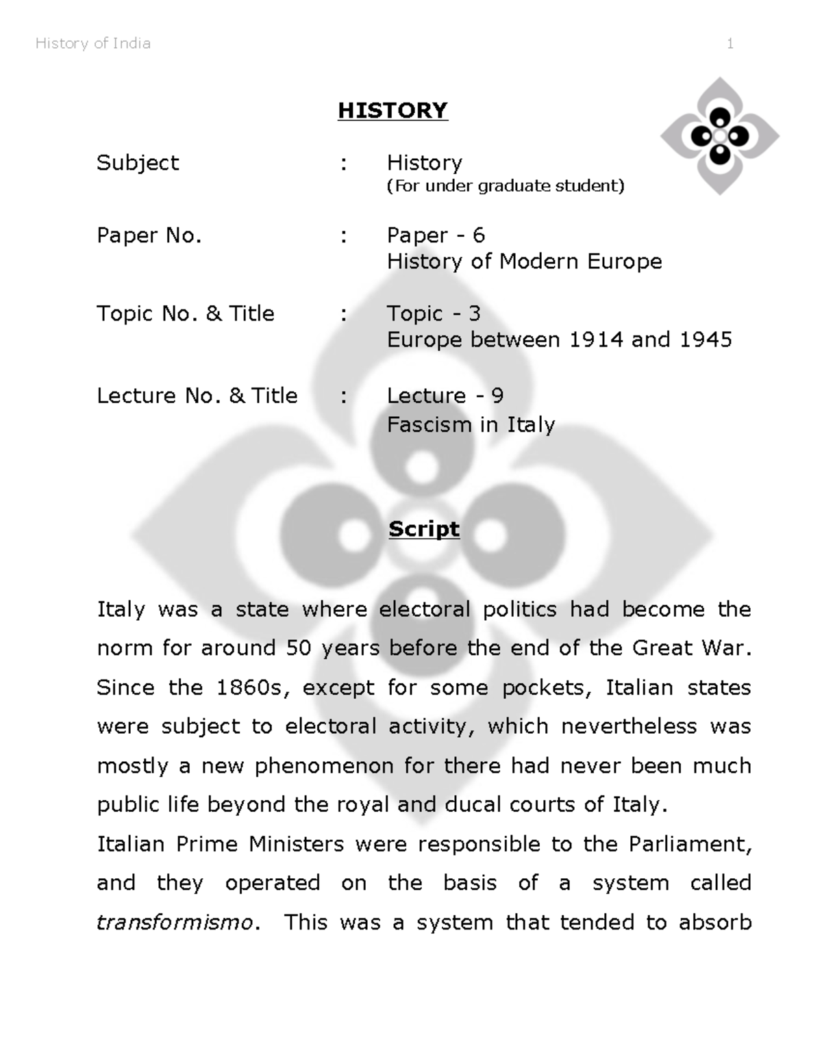 Script - HISTORY Subject : History (For under graduate student) Paper ...