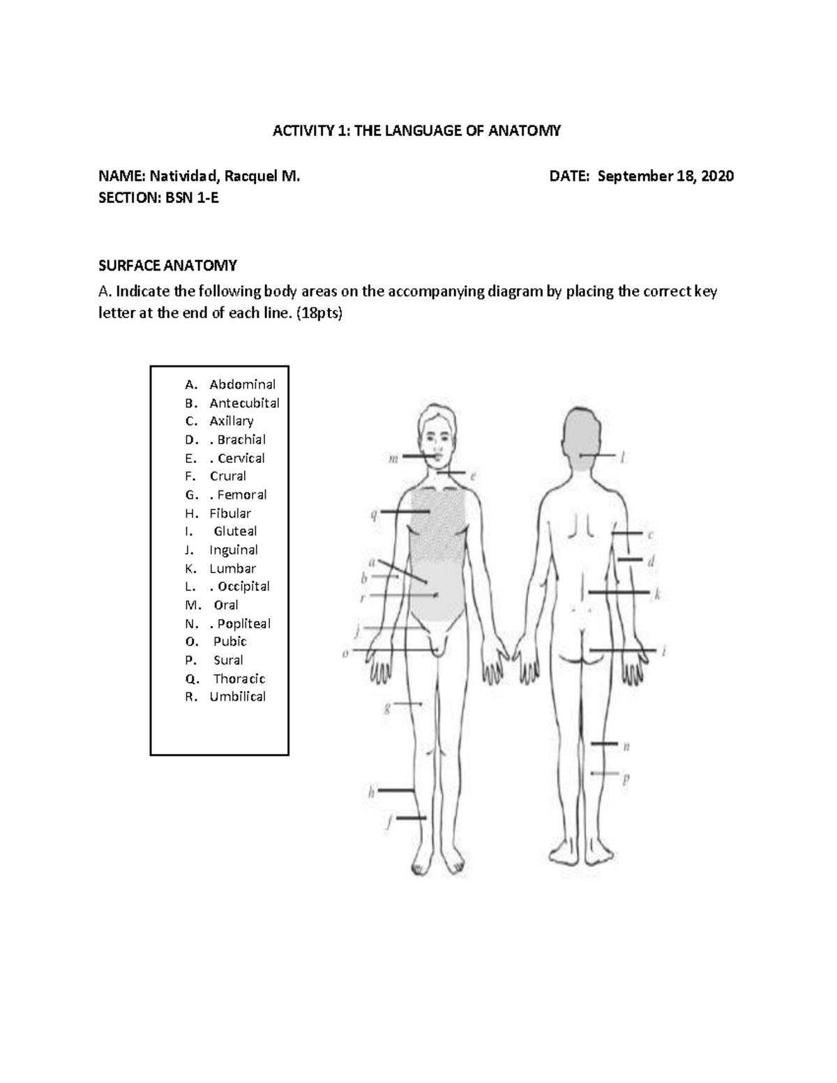 Learning Activity 1- Anaphy - ACTIVITY 1: THE LANGUAGE OF ANATOMY NAME ...