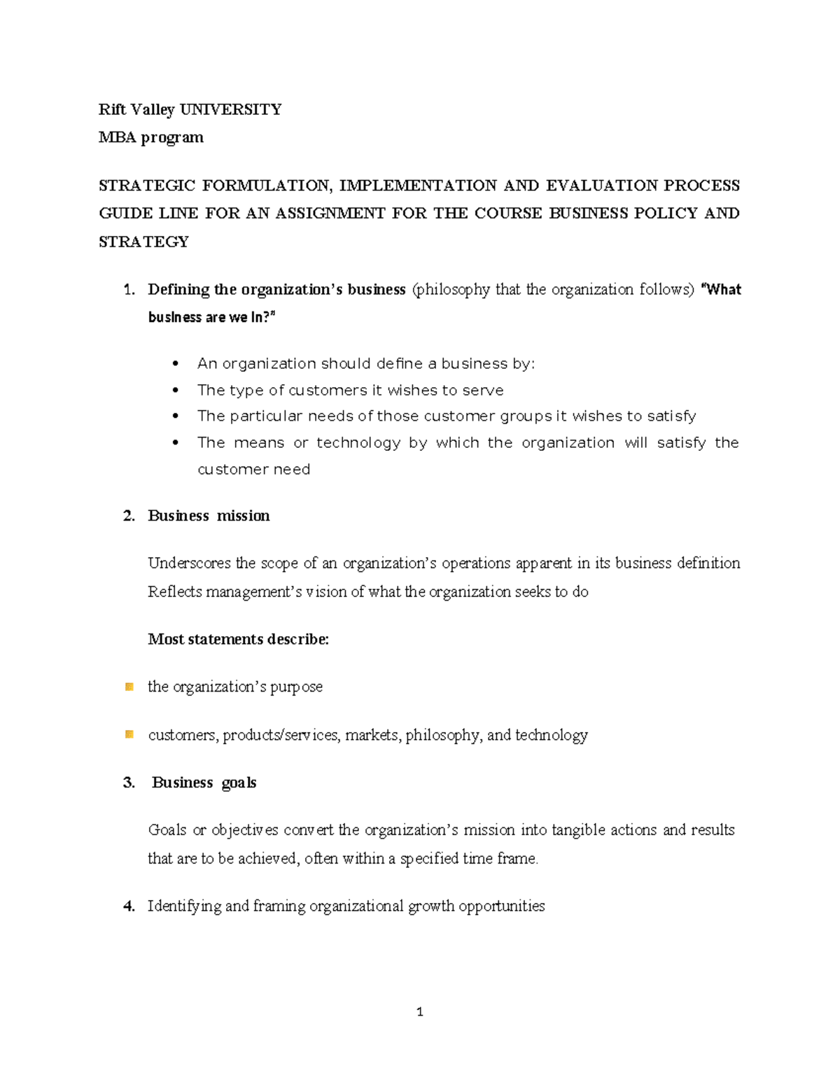 Strategic mgt plan formulation guide rvu - Rift Valley UNIVERSITY MBA program STRATEGIC ...