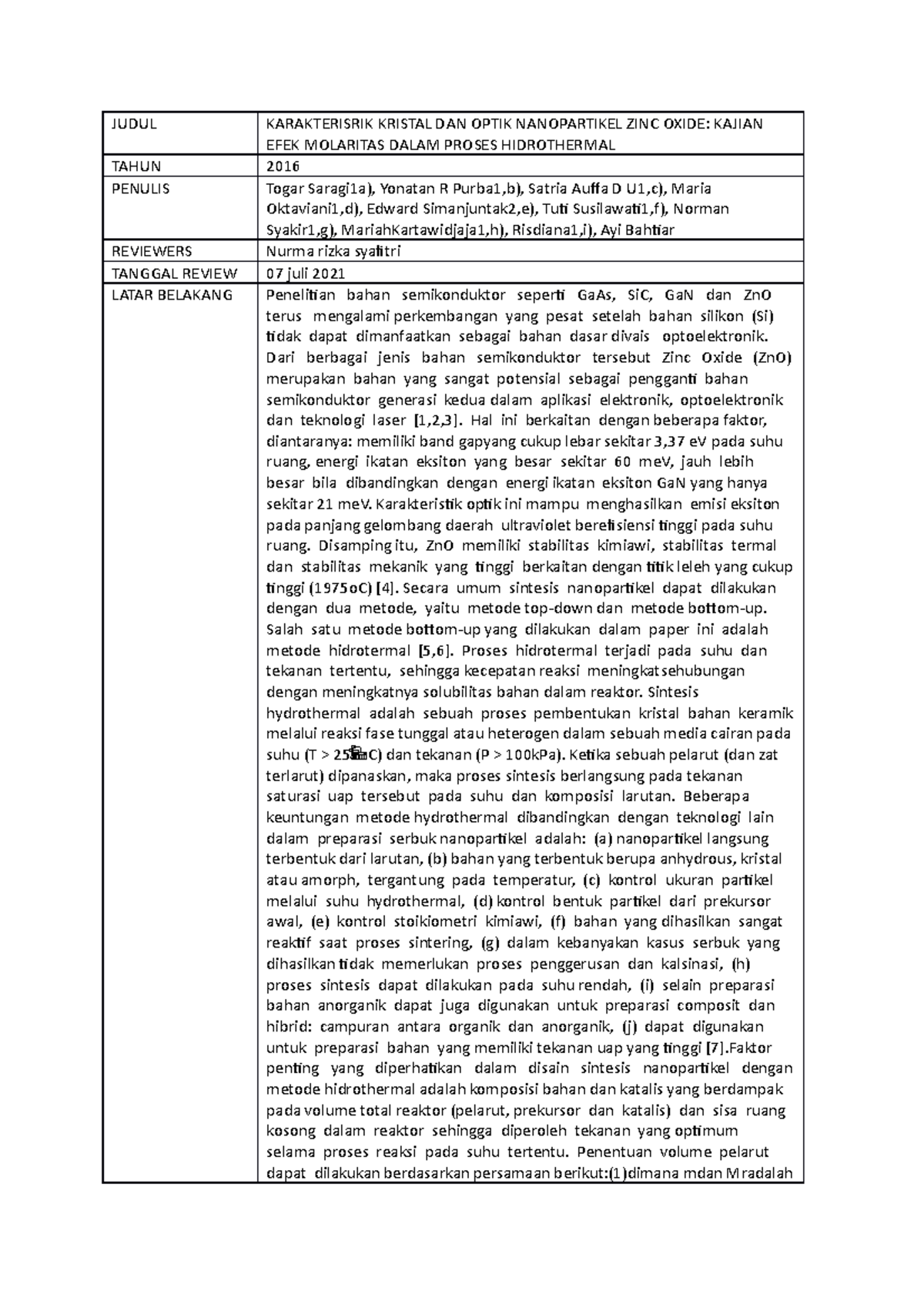 Review jurnal hidrothermal - JUDUL KARAKTERISRIK KRISTAL DAN OPTIK ...