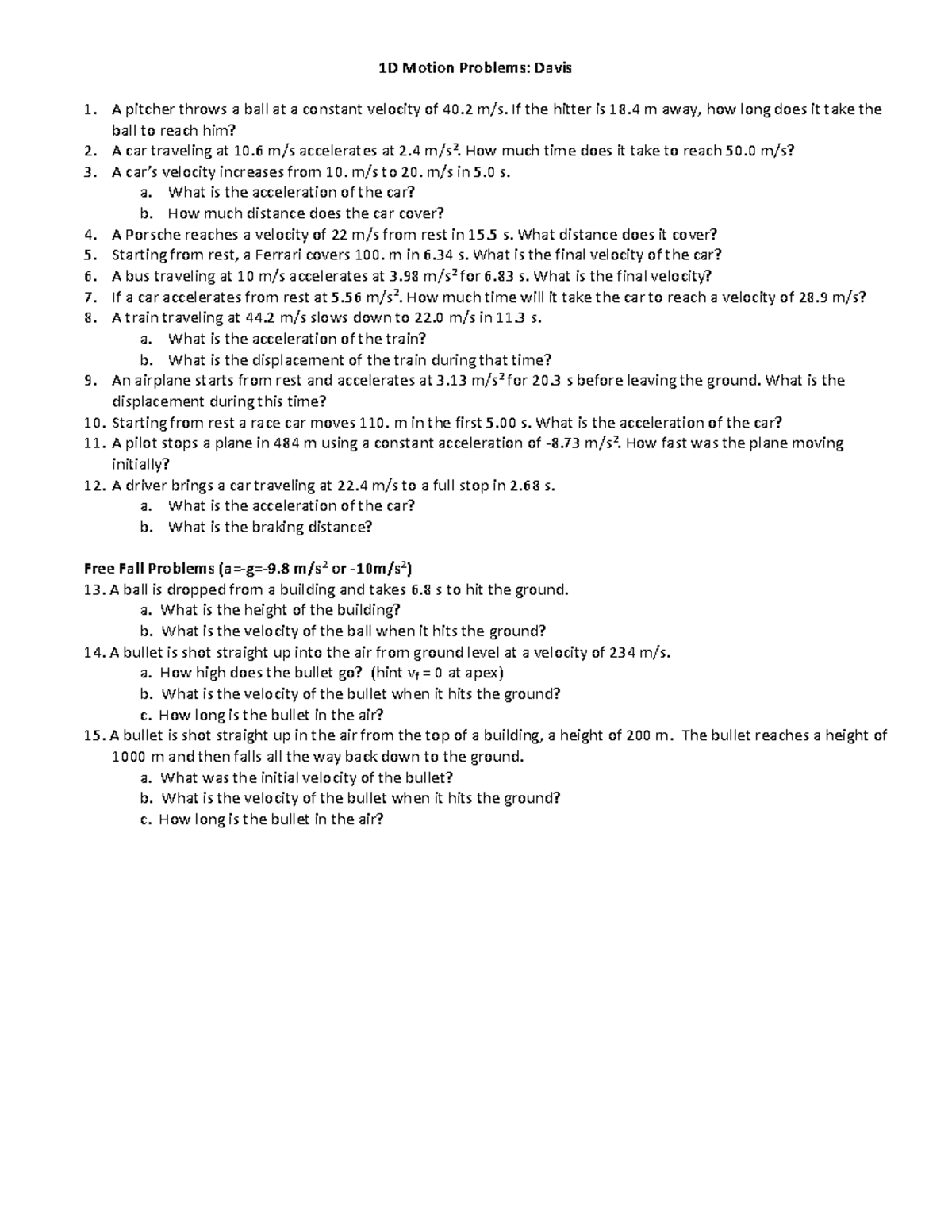 Kinematic Equations Practice - 1D Motion Problems: Davis A pitcher ...