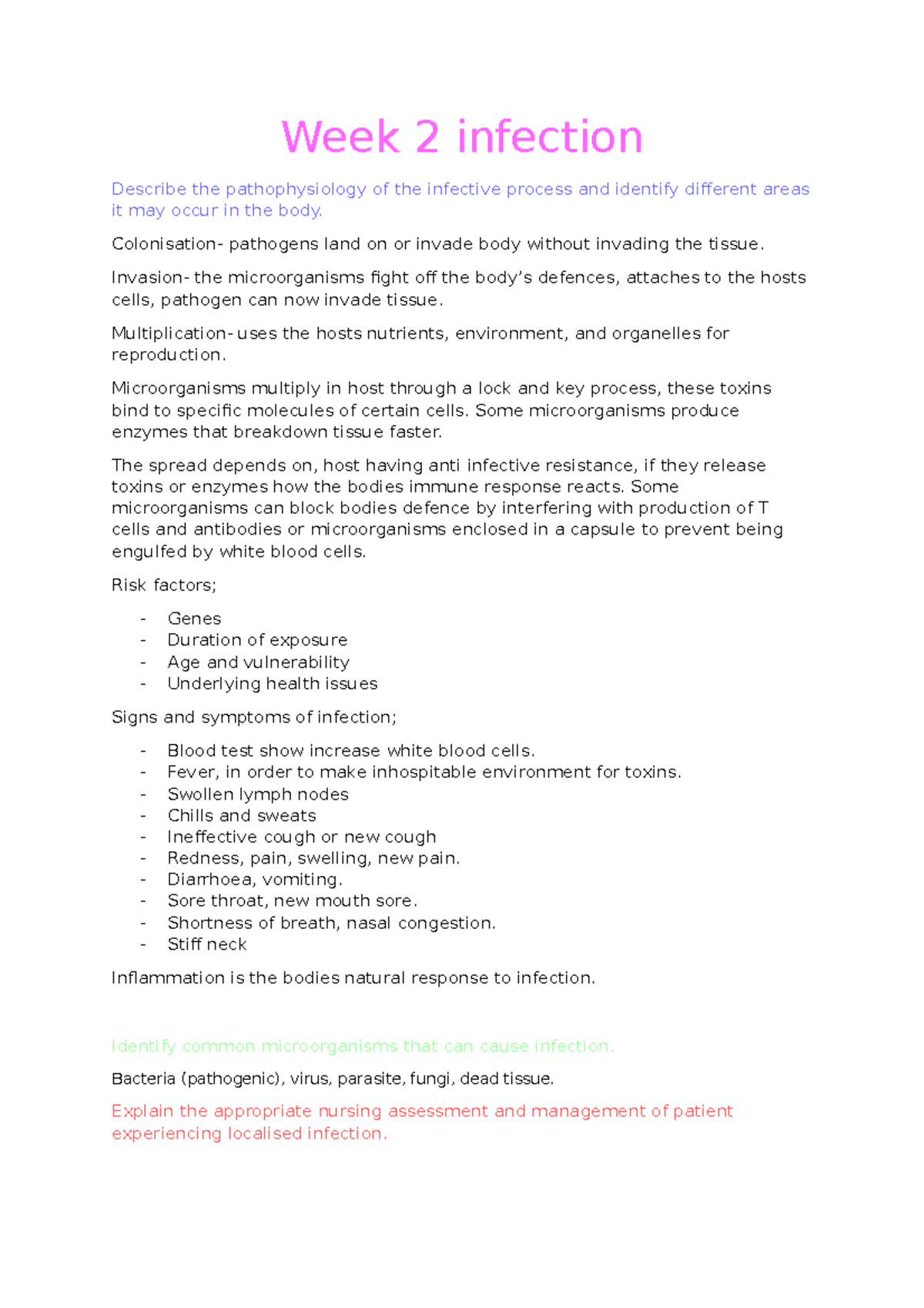 WEEK 2 lecture notes - Week 2 infection Describe the pathophysiology of ...