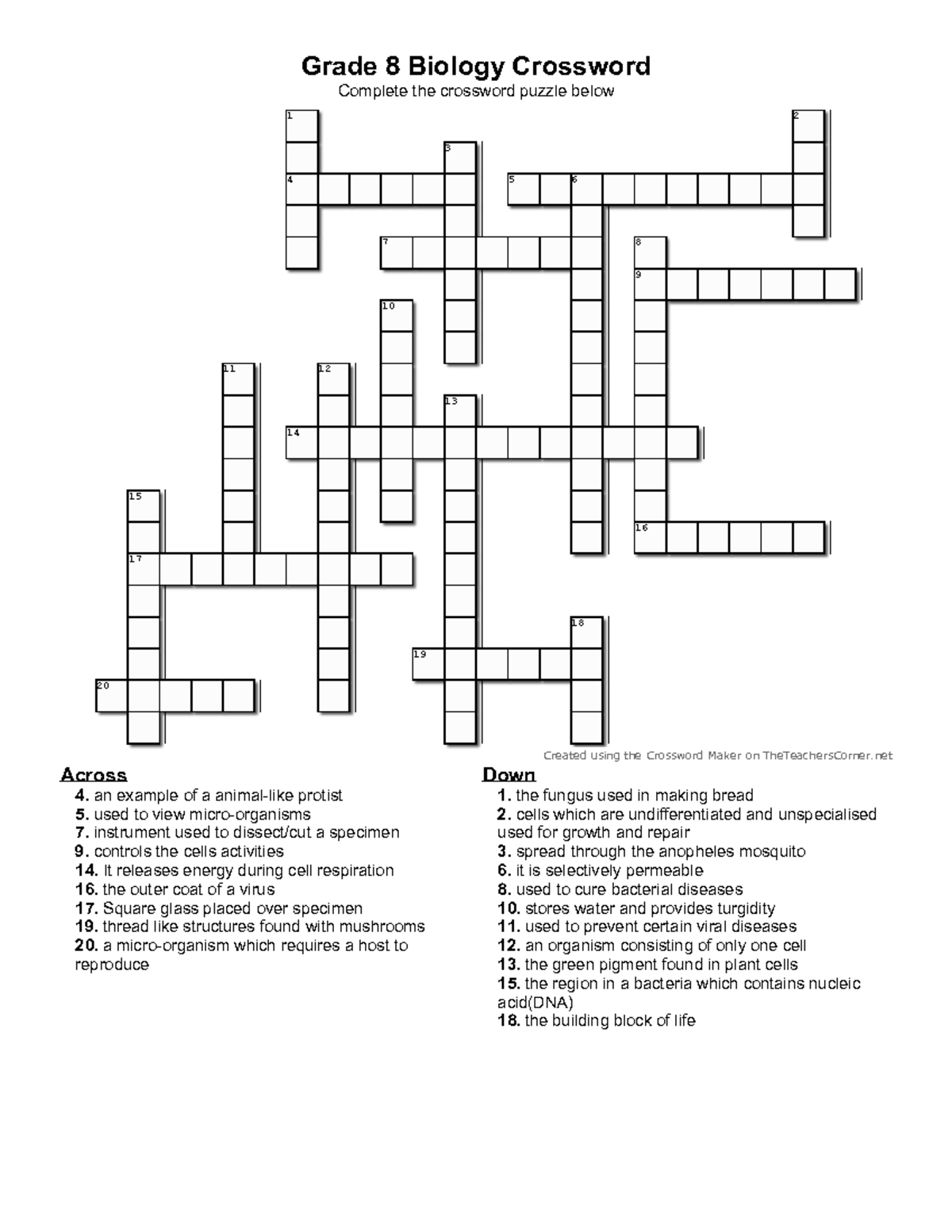 Grade 8 biology crossword - Down 1. the fungus used in making bread 2 ...