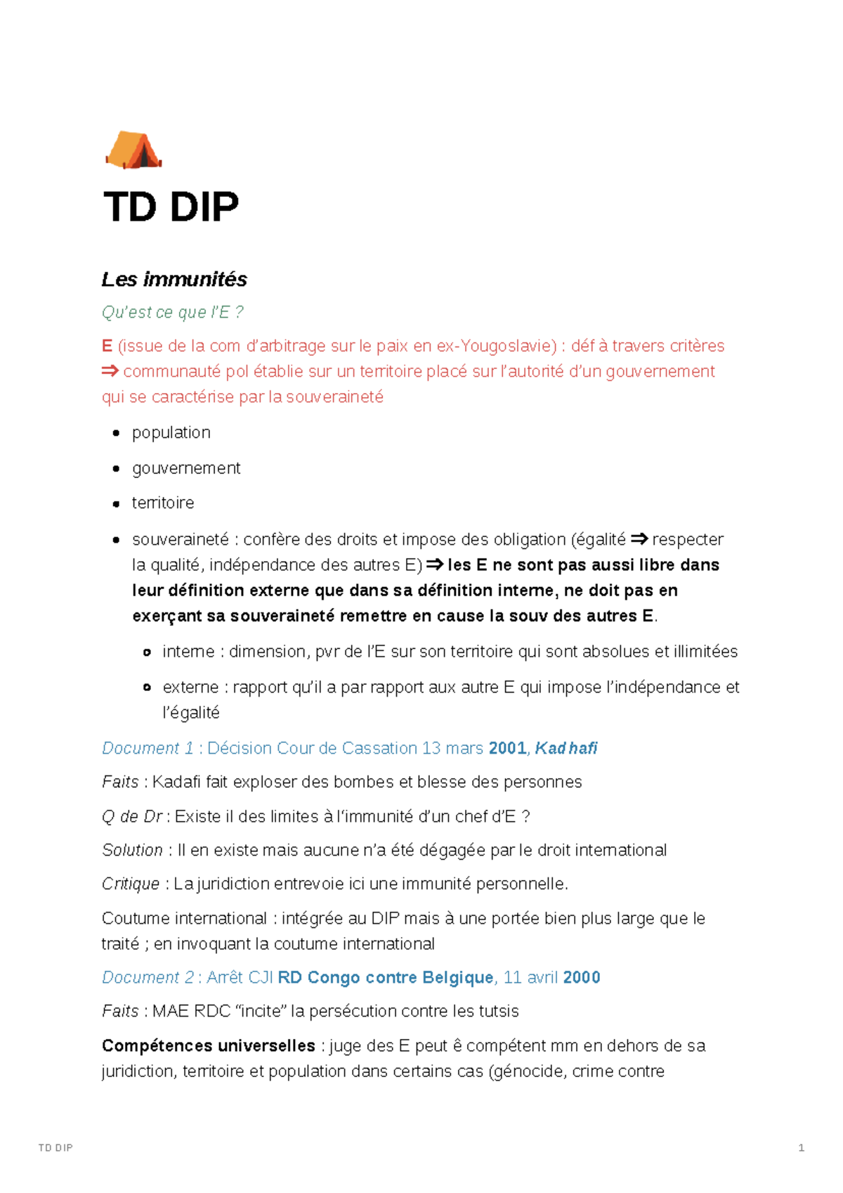 Td dip - Note de TD - ⛺ TD DIP Les immunités Qu’est ce que l’E? E (issue de la com d’arbitrage ...