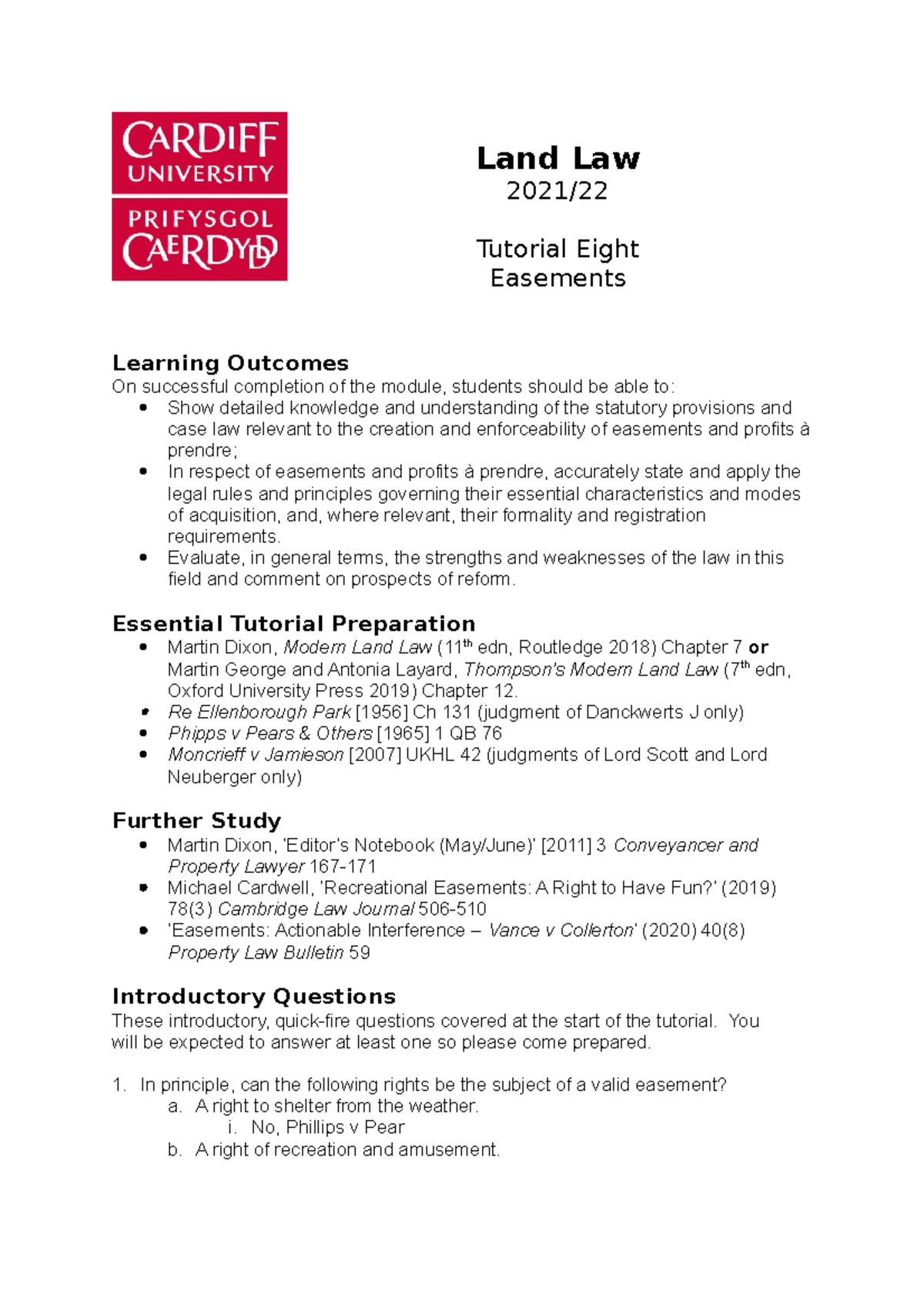 Land Law Tutorial 8 Easements - Land Law 2021/ Tutorial Eight Easements ...