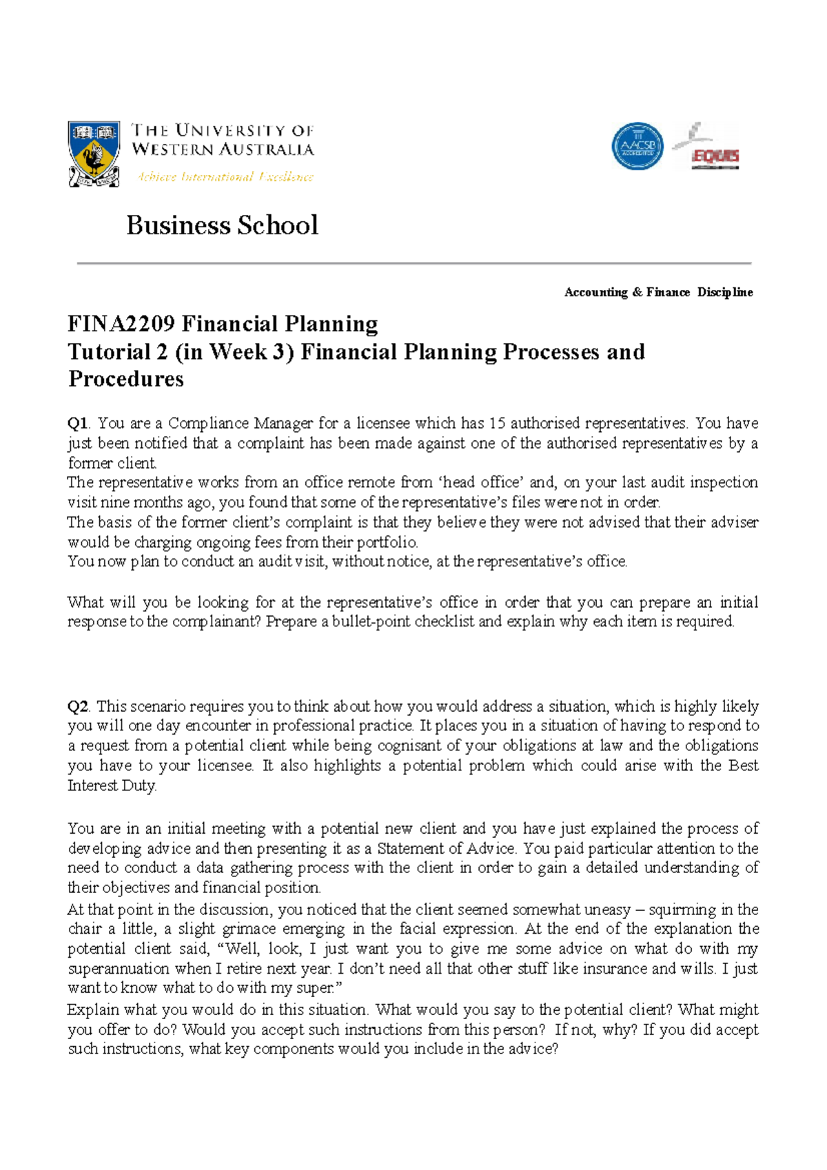 Tutorial 2 - Business School Accounting & Finance Discipline FINA2209 ...