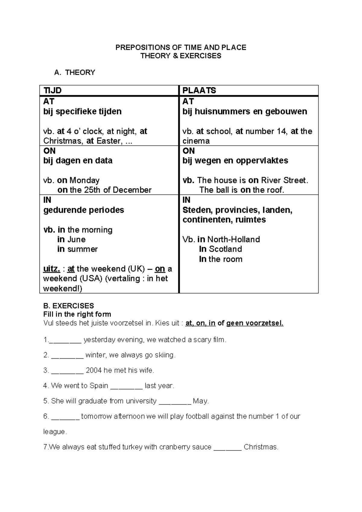 Prepositions of Time and Place- exercises - PREPOSITIONS OF TIME AND ...