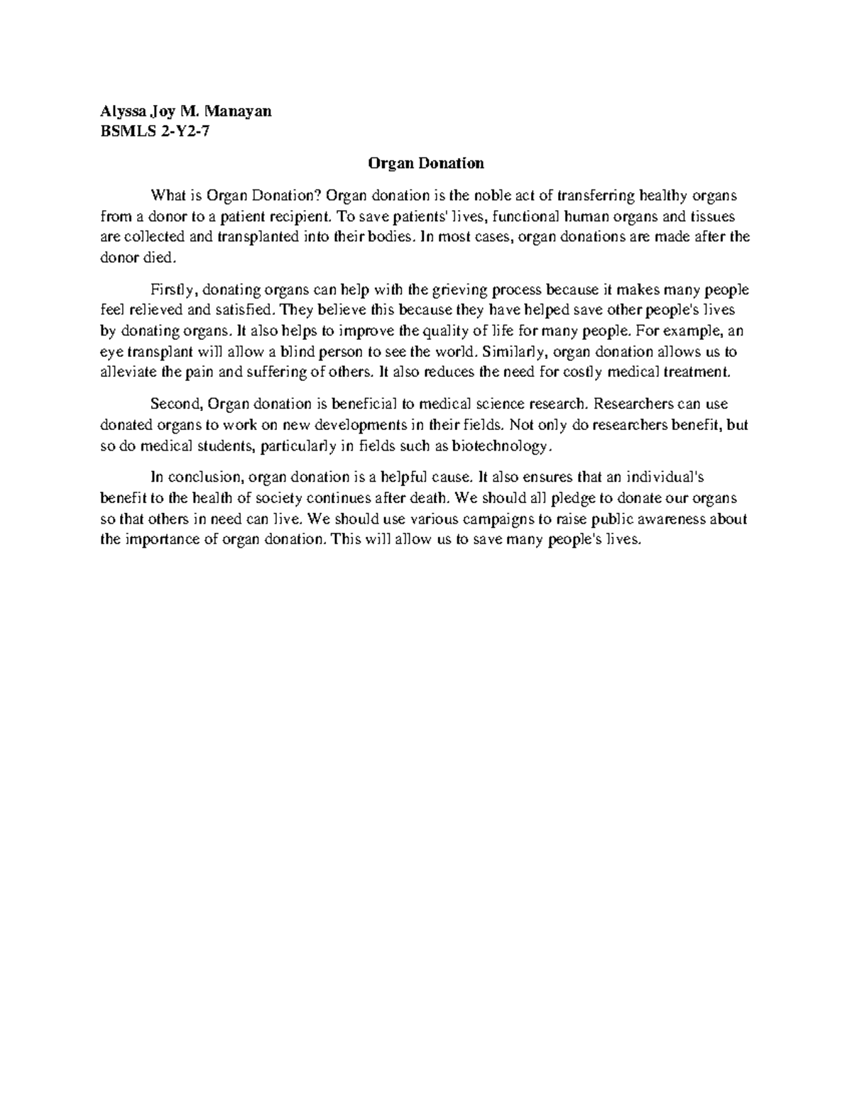 MTLB Manayan - MTLB - Alyssa Joy M. Manayan BSMLS 2-Y2- 7 Organ ...