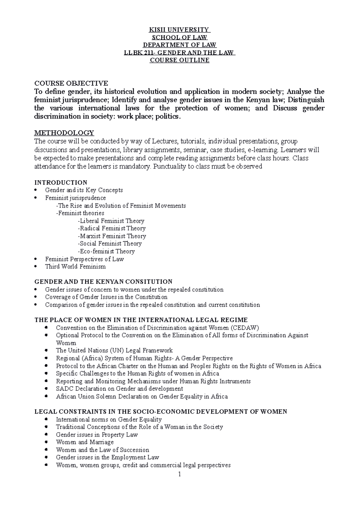 Course Outline Gender and the Law LLBK 211 - KISII UNIVERSITY SCHOOL OF ...