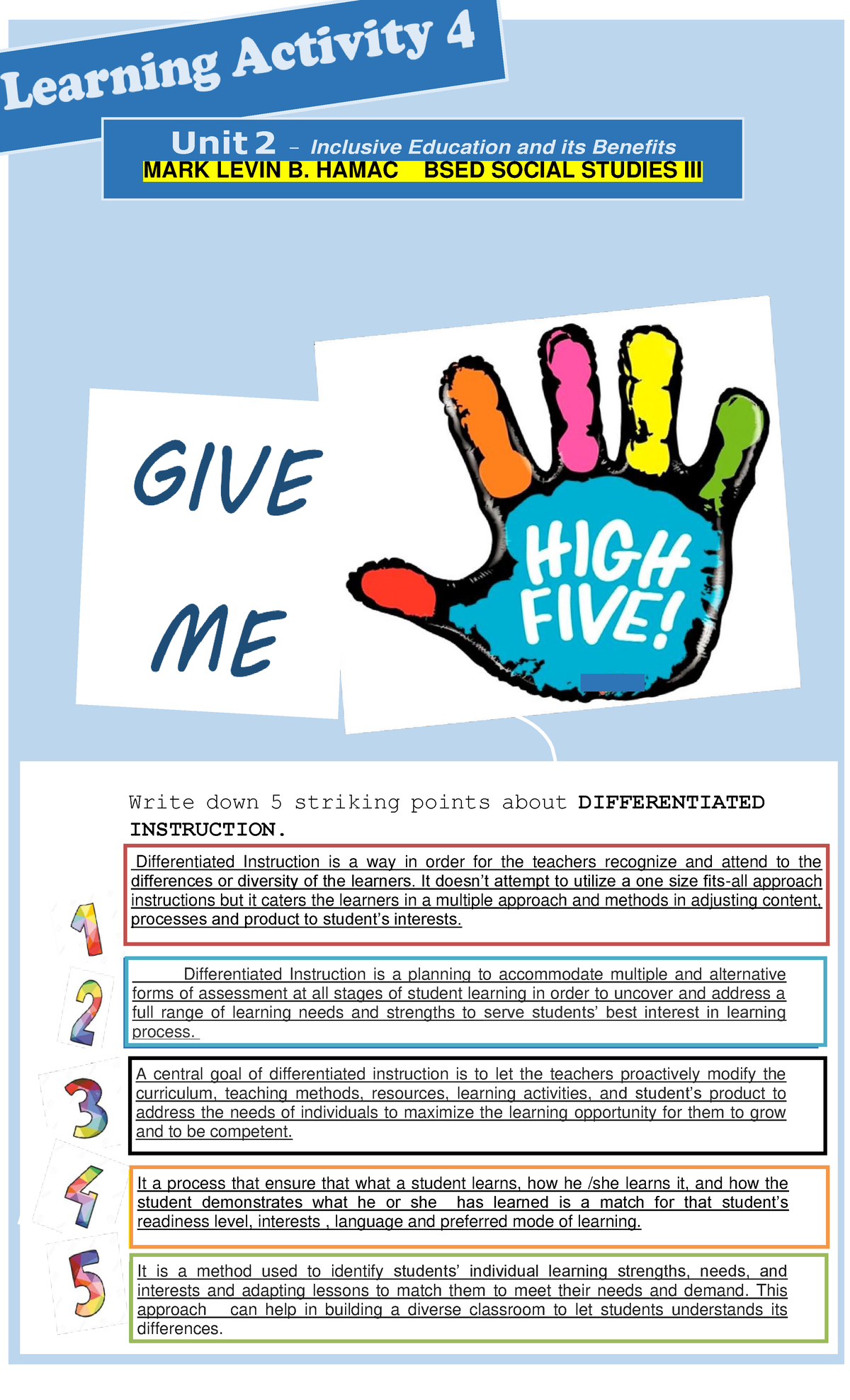 Learning Activity 4 Hamac, MARK Levin B - Write down 5 striking points about DIFFERENTIATED ...