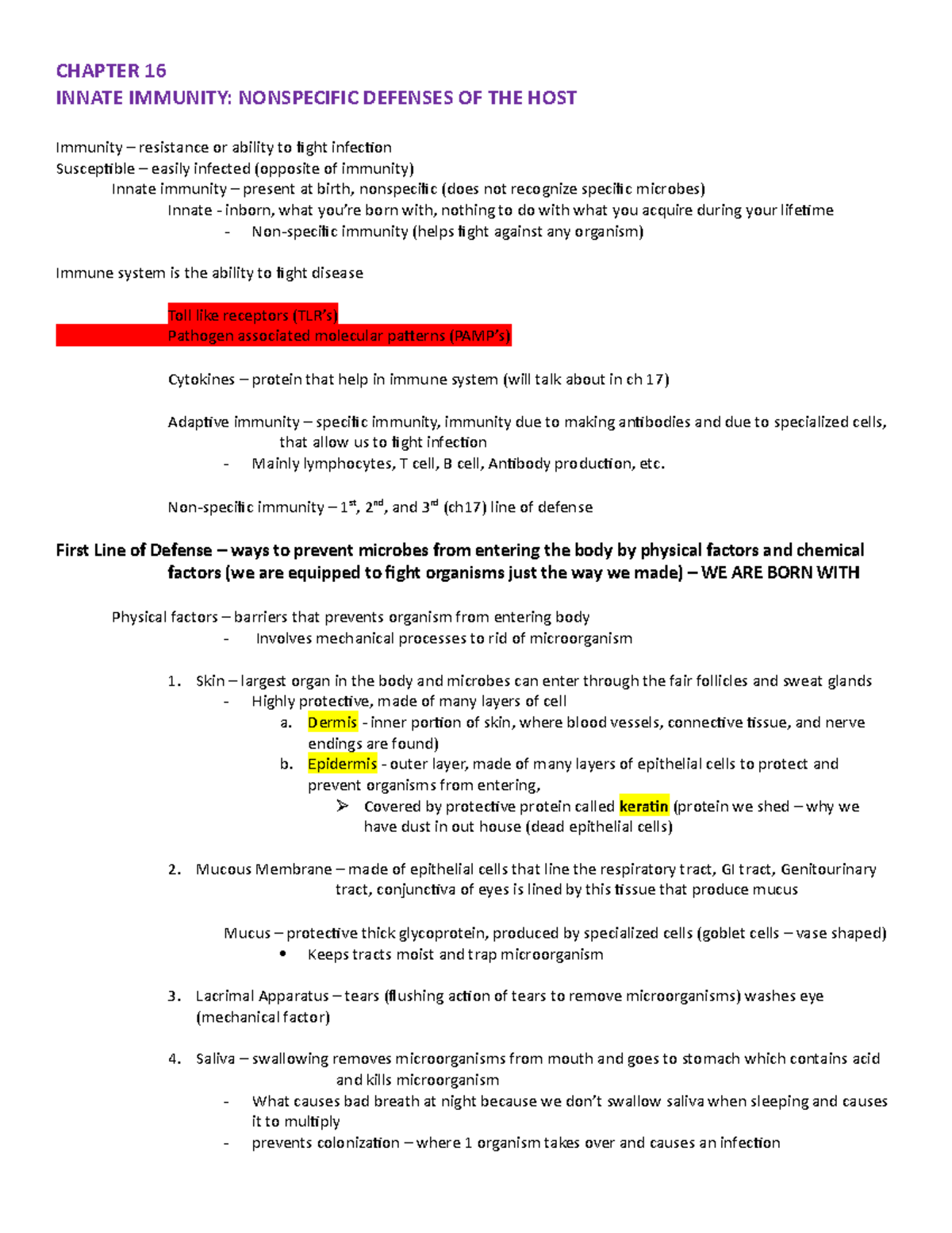 Notes Exam 6 - CHAPTER 16 INNATE IMMUNITY: NONSPECIFIC DEFENSES OF THE ...