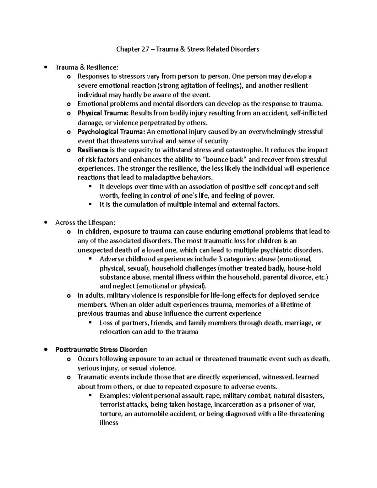 Chapter 27 Notes - Chapter 27 – Trauma & Stress Related Disorders ...