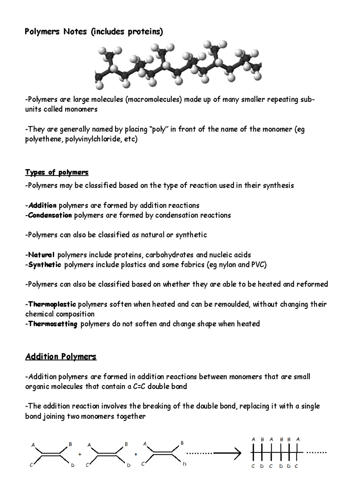 Polymers Proteins Notes 1 - Polymers Notes (includes proteins ...