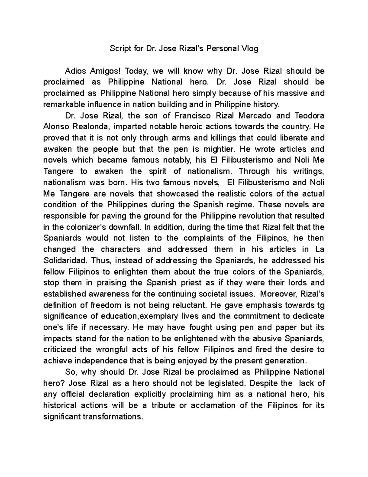 Script for Dr. Jose Rizal Vlog - Script for Dr. Jose Rizal’s Personal ...